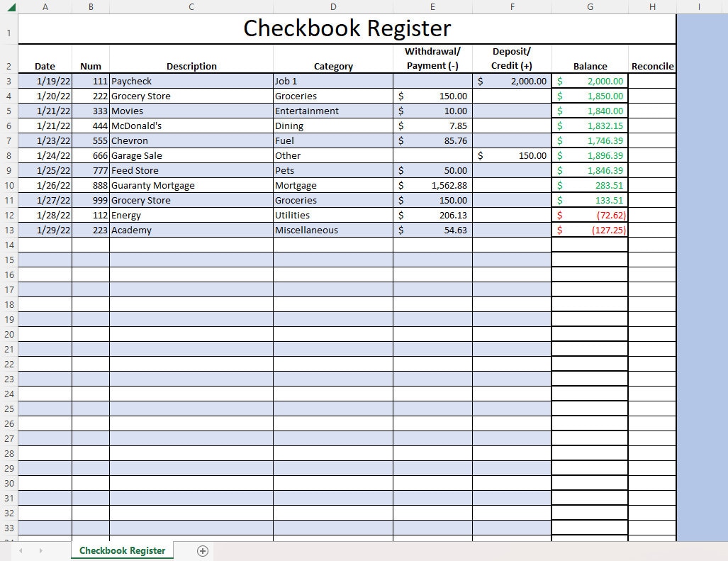 Checkbook Register Excel Spreadsheet - Etsy