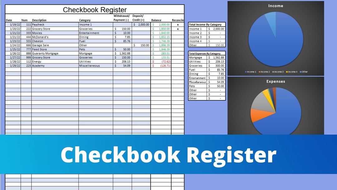 Checkbook Register Excel Spreadsheet - Etsy