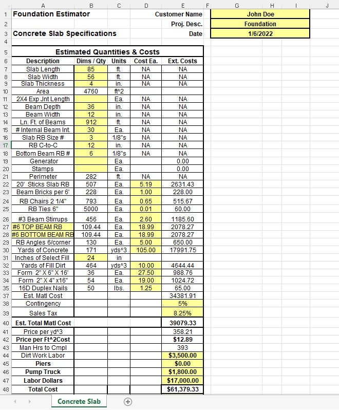 Foundation Estimator Spreadsheet - Etsy