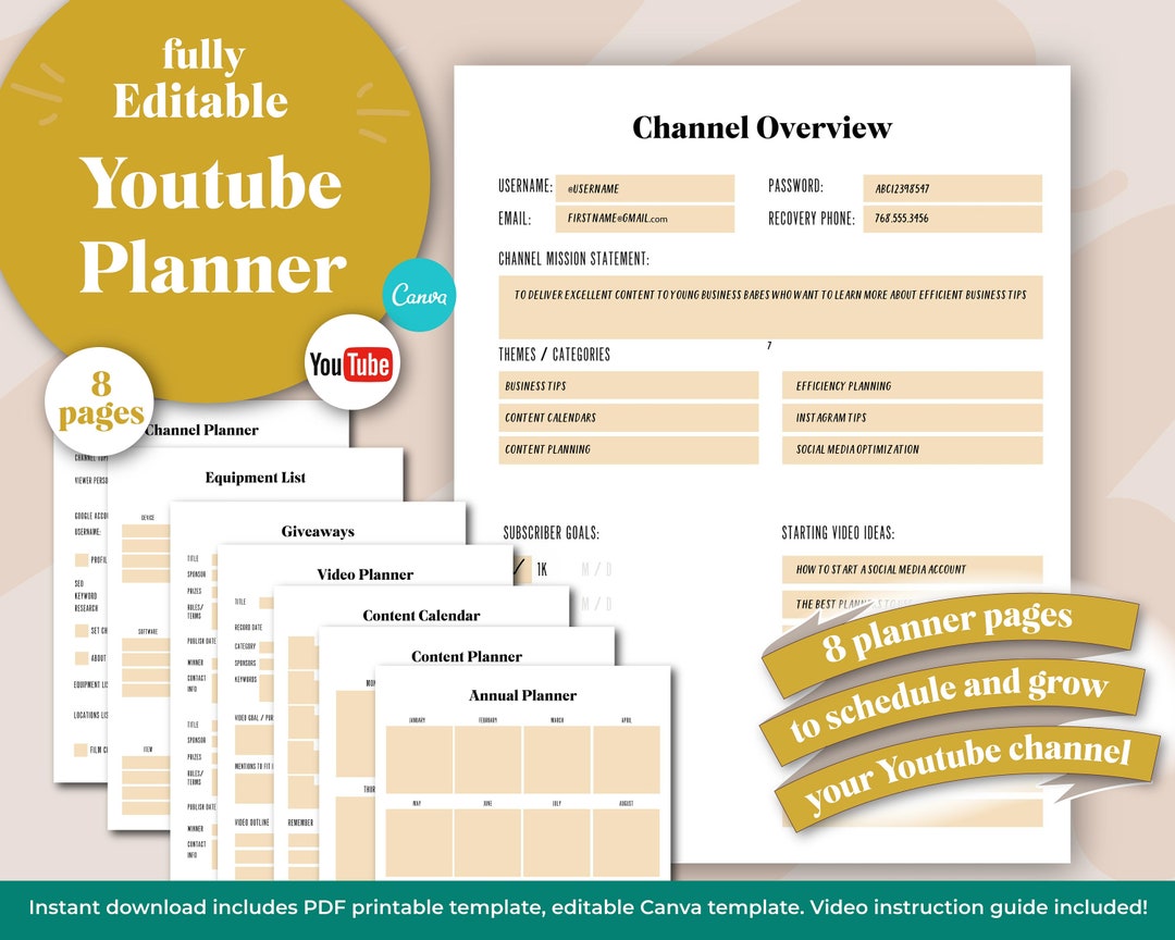 Editable Youtube Planner, Social Media Content Calendar, Printable ...