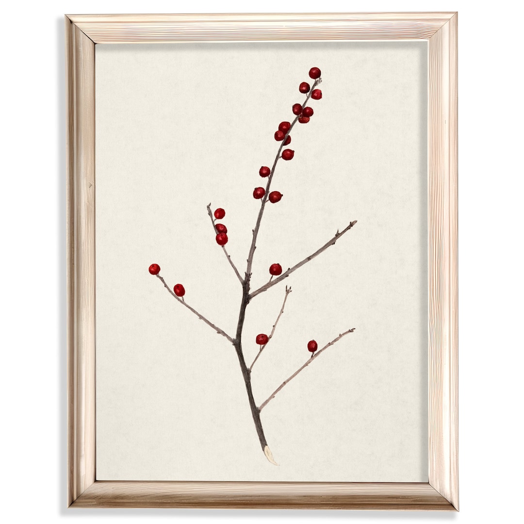 Winterberry Branch Watercolor Print, Rustic Christmas Decor (digital ...