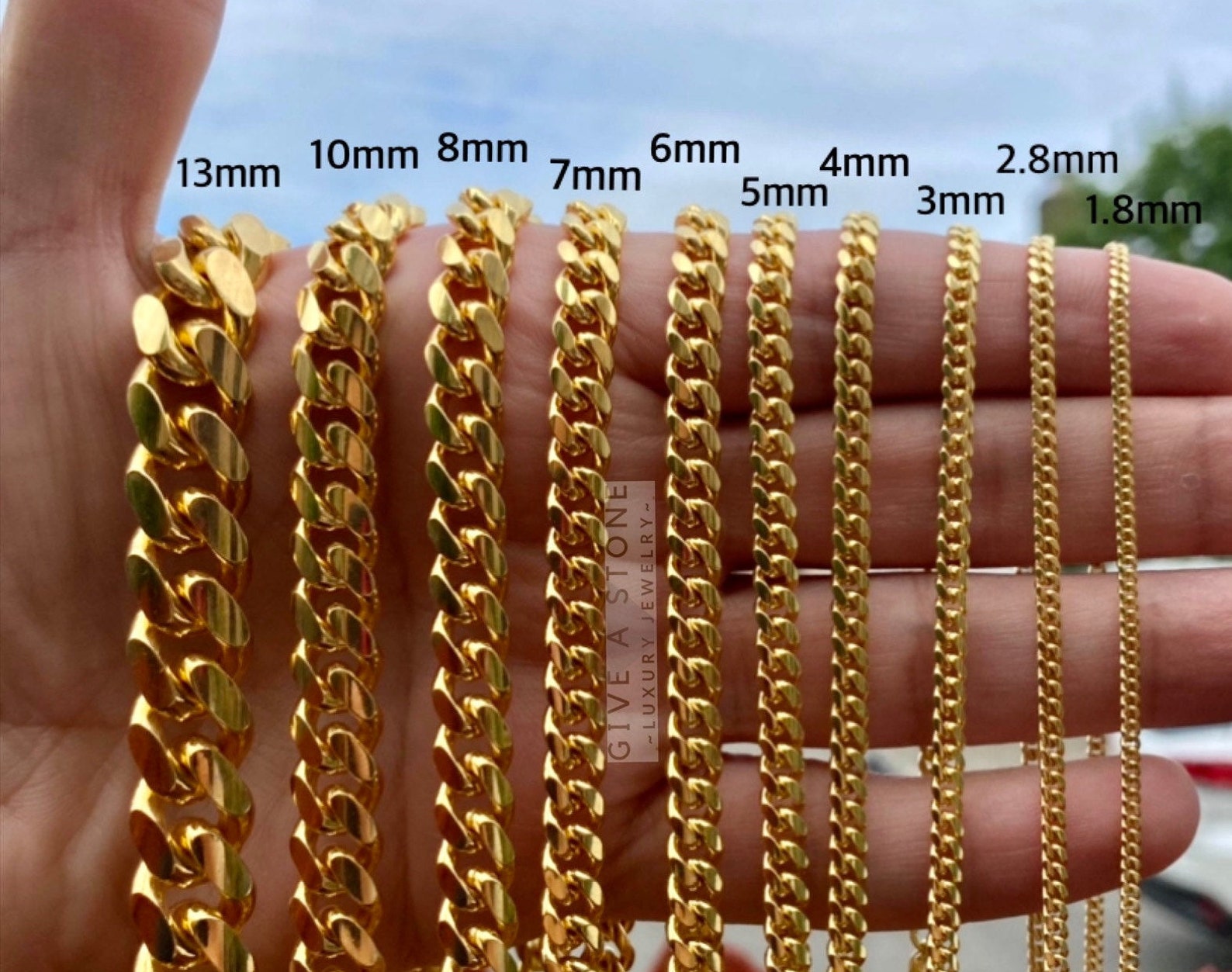 14K Gold, Miami Cuban Chain, Solid, Over 925 Sliver ,1.8mm-8mm, Size 16 ...