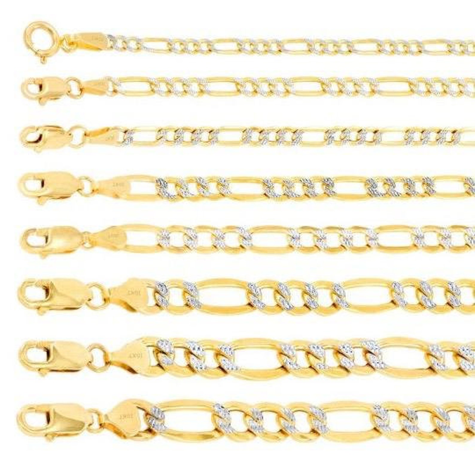 14K Gold Figaro Two Tone Pave Chain, Over 925 Sterling, Cuban, 2.6mm ...
