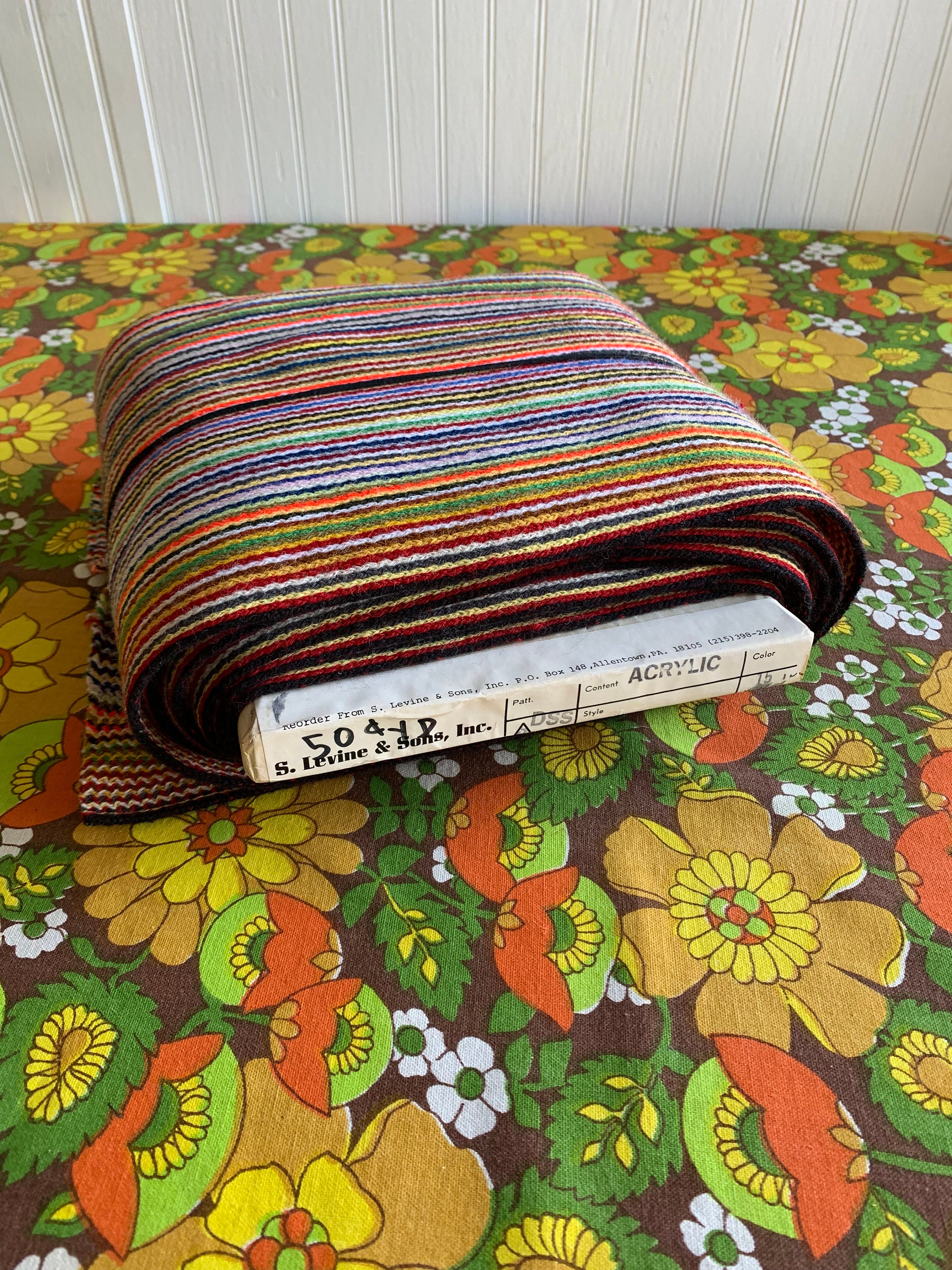 Vintage 70's Bolt of Rainbow Yarn Fiber Art Striped Psychedelic Fabric ...