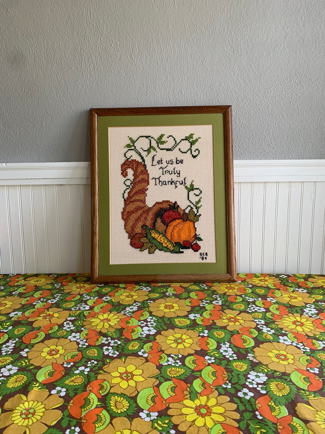 Vintage Framed Cornucopia Thanksgiving Cross Stitch Embroidery Yarn Art ...