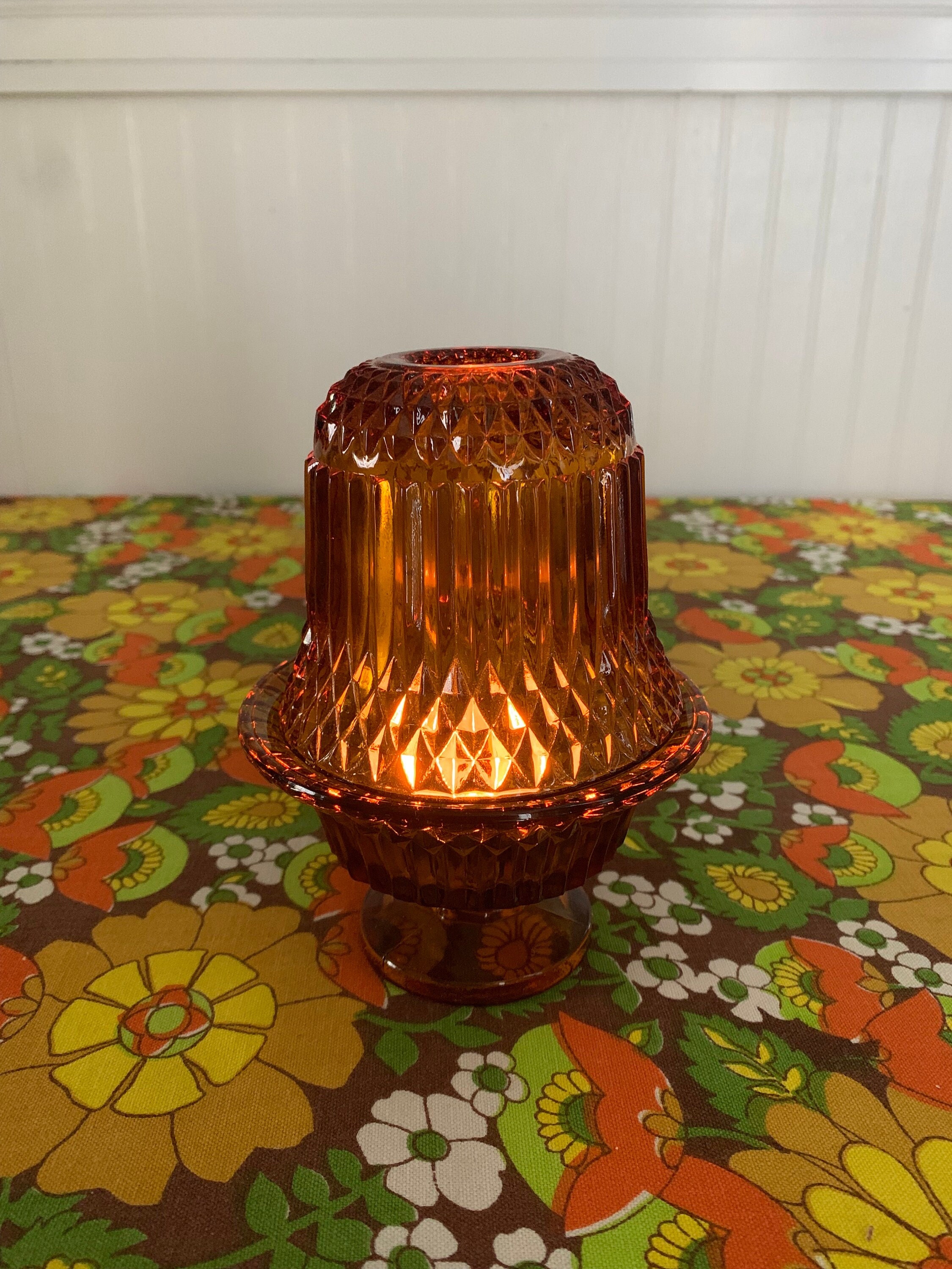Vintage Indiana Glass Amber Diamond Point Fairy Lamp Tea Light Holder ...