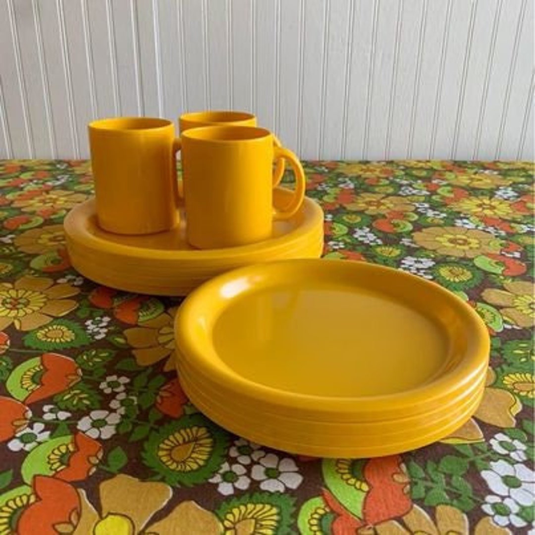 Vintage Space Age Yellow Melamine Plates and Mugs Ingrid Ltd - Etsy