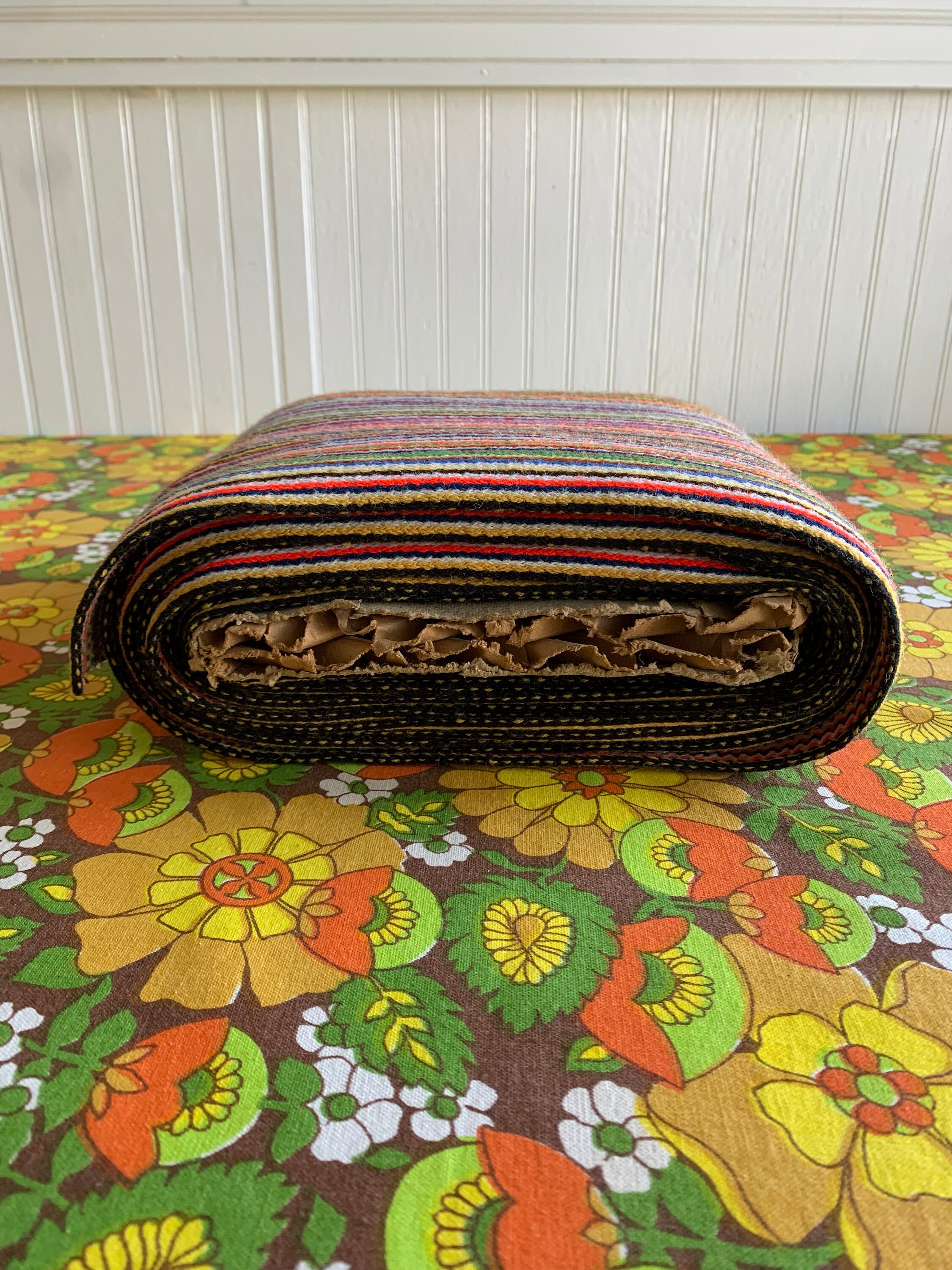 Vintage 70's Bolt of Rainbow Yarn Fiber Art Striped Psychedelic Fabric ...
