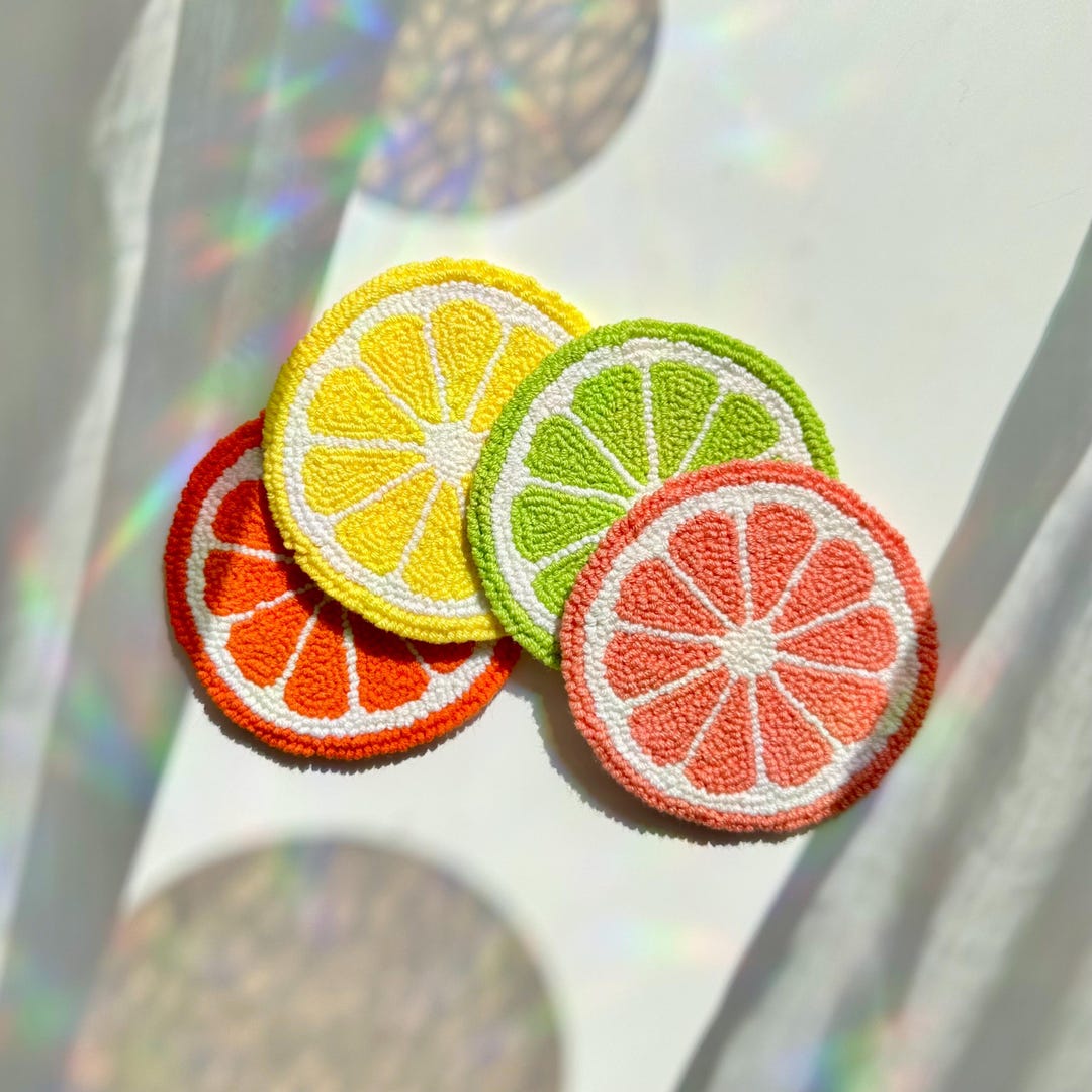 Handmade Lemon Slice Punch Needle Coaster | Tufted Mini Mug Rug Orange | Custom Jewelry Display ...