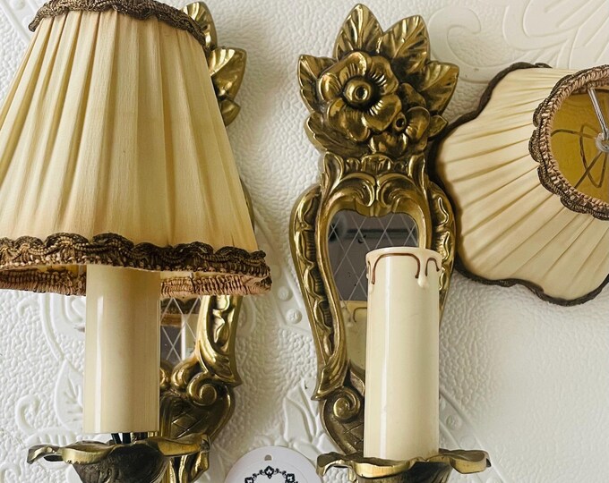 A Pair of Vintage Brass Wall Scones/ Antique Set of Wall Lamps With ...