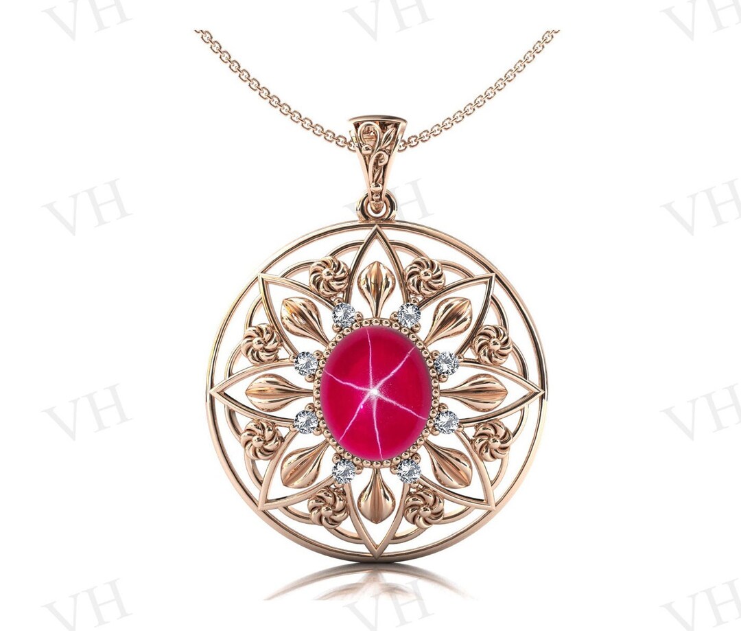Ruby Star Floral Pendant for Women Art Deco Wedding Necklace Unique ...