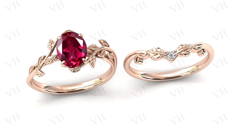 Oval Shaped Red Ruby Engagement Ring Set for Women Vine Leaf Style ...