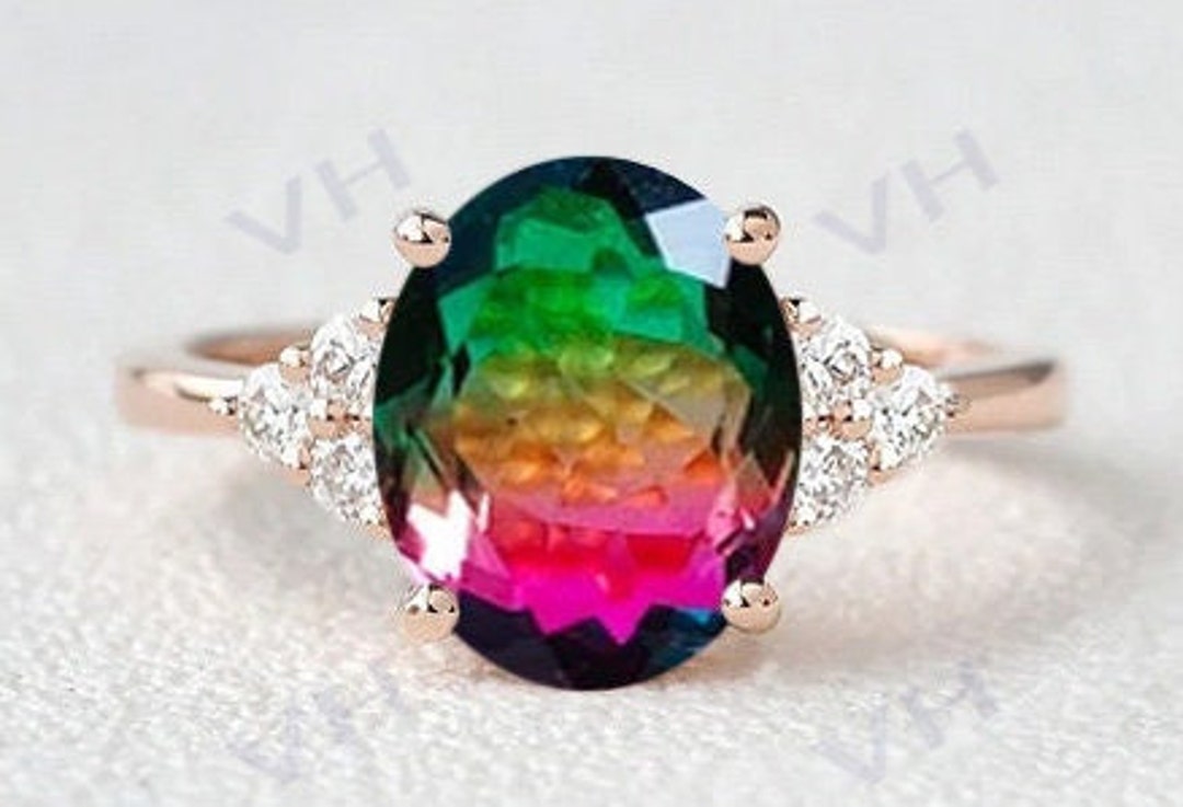 2.8ct Watermelon Tourmaline Engagement Ring Vintage Wedding Ring Multi ...