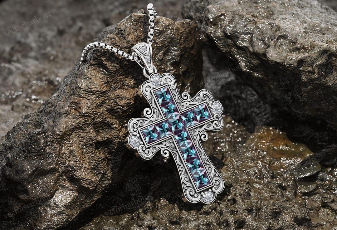 Vintage Filigree Cross Pendant Art Deco Alexandrite Gemstone Necklace ...