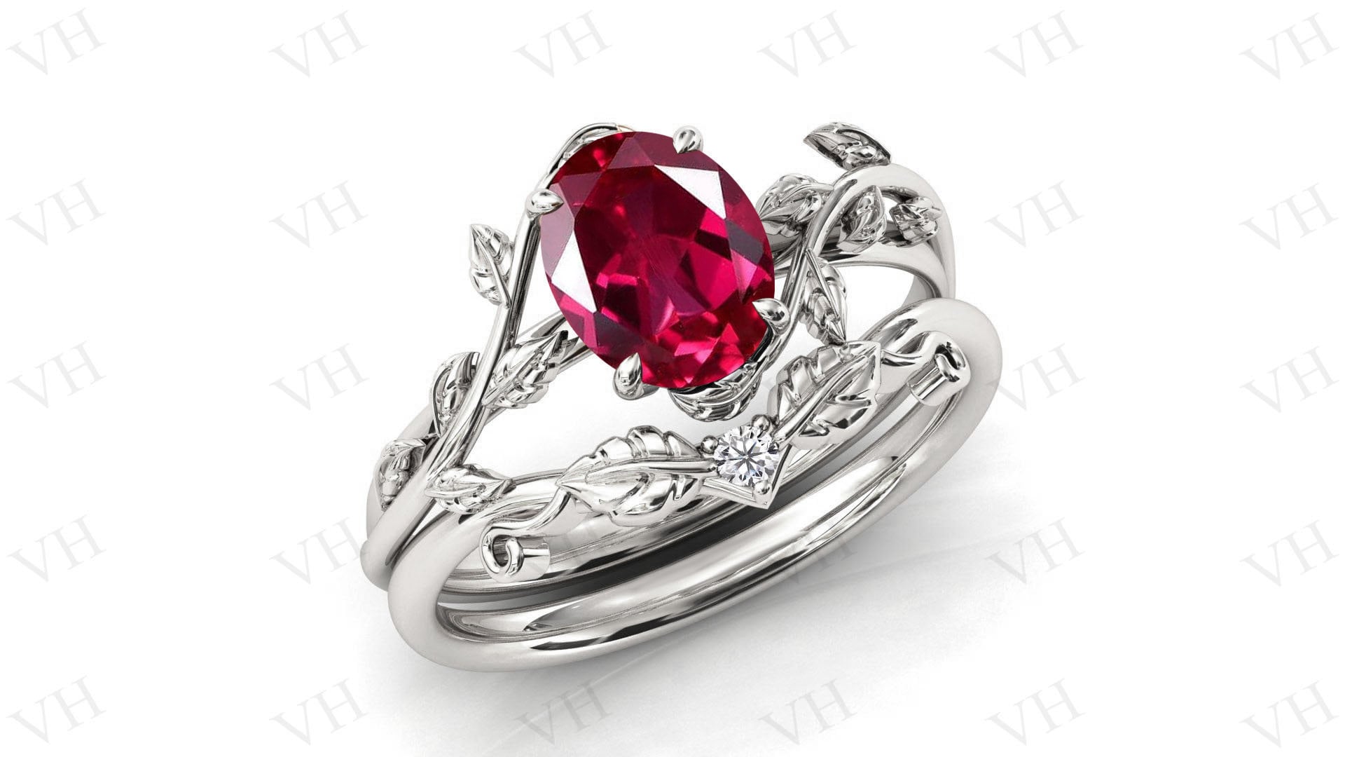 Oval Shaped Red Ruby Engagement Ring Set for Women Vine Leaf Style ...