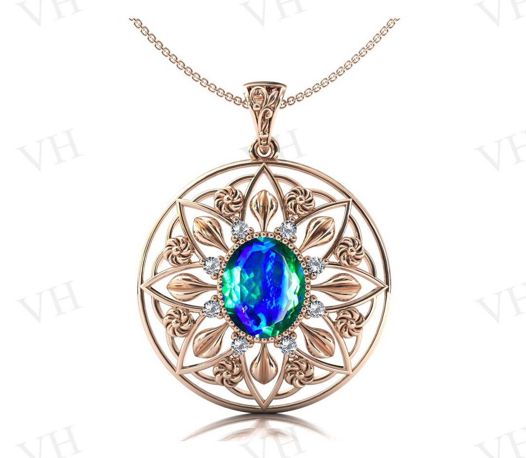 Peacock Quartz Gemstone Pendant for Women Art Deco Floral Design ...