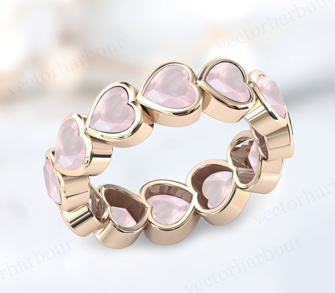 Heart Shaped Rose Quartz Wedding Band for Women 925 Sterling Silver ...