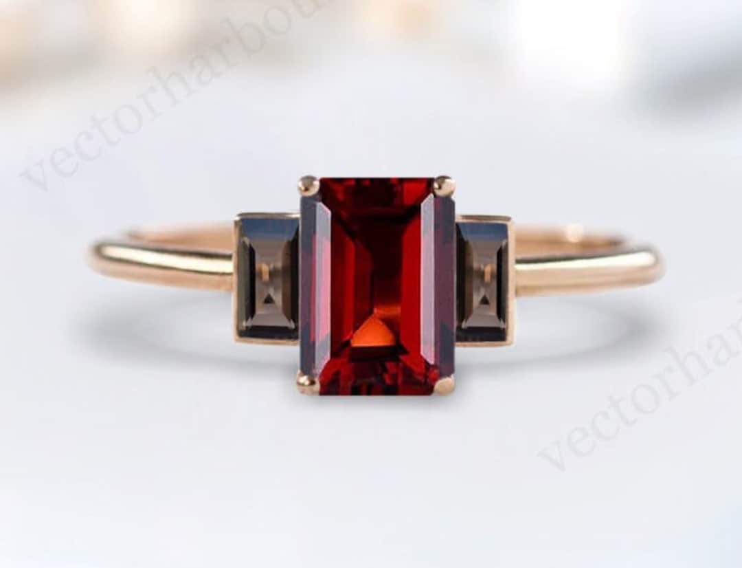 14k Gold Red Garnet Wedding Ring for Women Emerald Cut Garnet Engagement Ring Vintage Multi ...