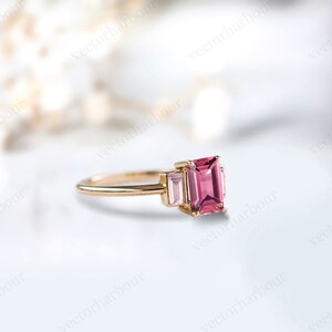 Emerald Cut Pink Tourmaline Engagement Ring Unique Multi Gemstone Ring 14k Gold Pink Tourmaline ...