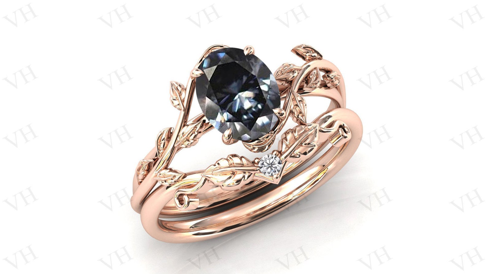 Vine Leaf Design Grey Spinel Engagement Ring Set 925 Silver - Etsy