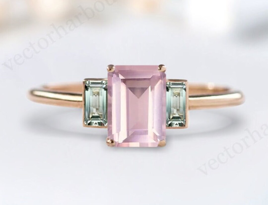 Vintage Rose Quartz Wedding Ring Antique Multi Gemstone Ring Emerald ...