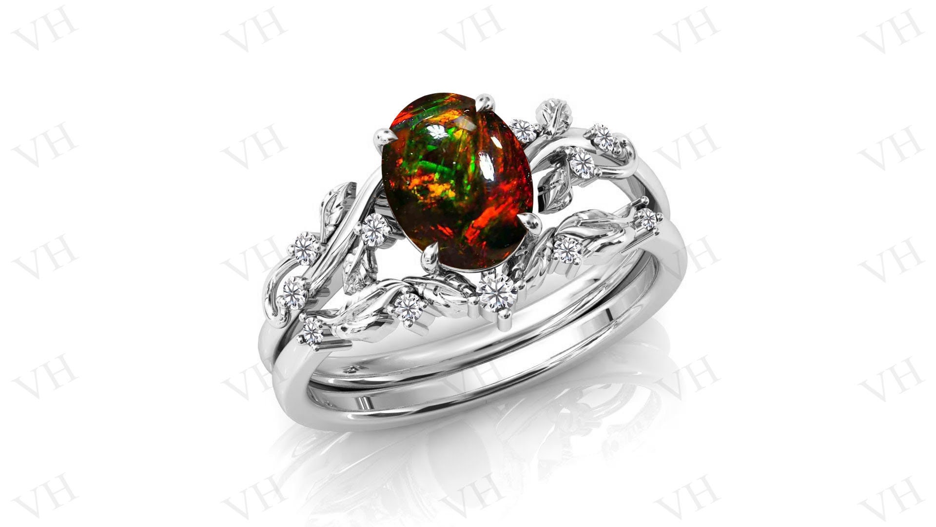 Art Deco Black Opal Wedding Ring Set for Women Antique Leaf Engagement ...