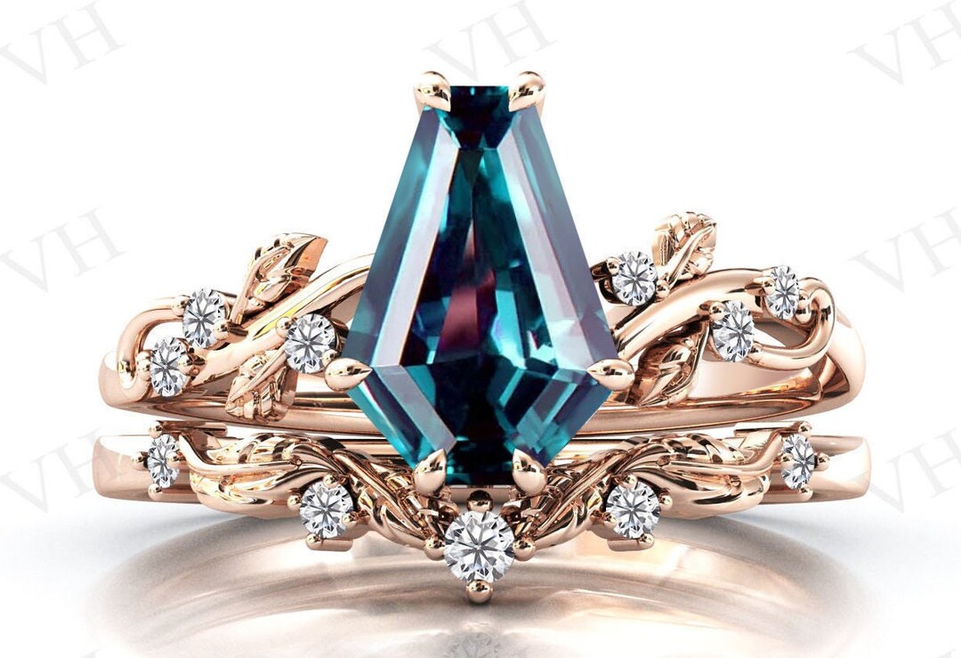 Coffin Shaped Alexandrite Engagement Ring Set Leaf Vine Design ...