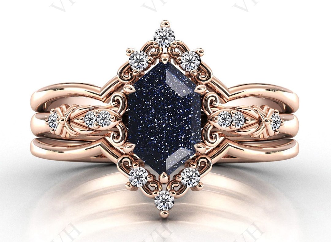 Hexagon Shaped Blue Sandstone Engagement Ring Set Vintage Galaxy Star ...