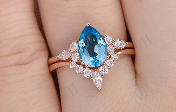 14k Gold Sky Blue Topaz Engagement Ring Set Art Deco Pear Cut - Etsy