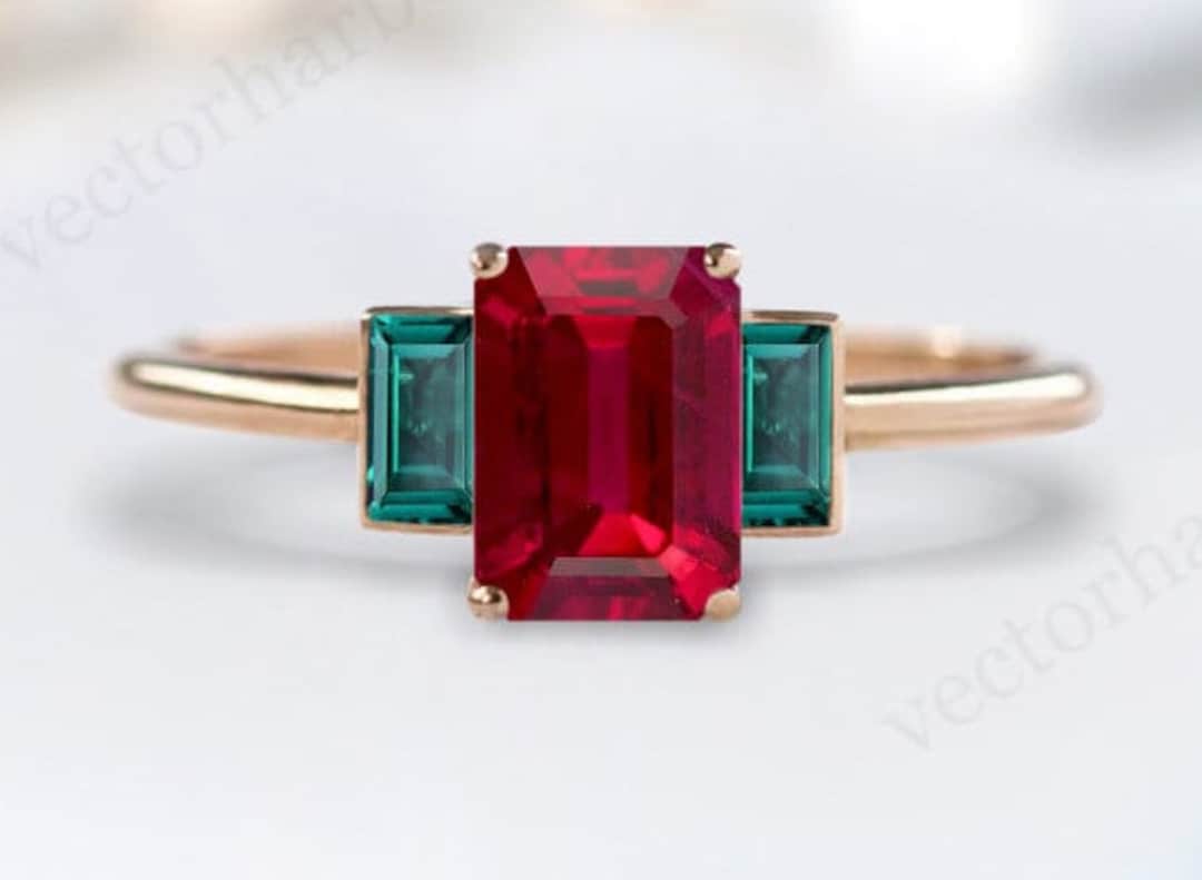 Emerald Cut Ruby Engagement Ring for Women Unique Multi Gemstone Ring 14k Rose Gold Ruby Bridal ...