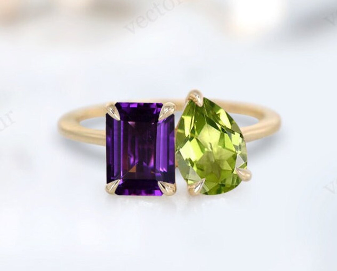 Emerald Cut Amethyst Engagement Ring for Women 14k Rose Gold Peridot ...