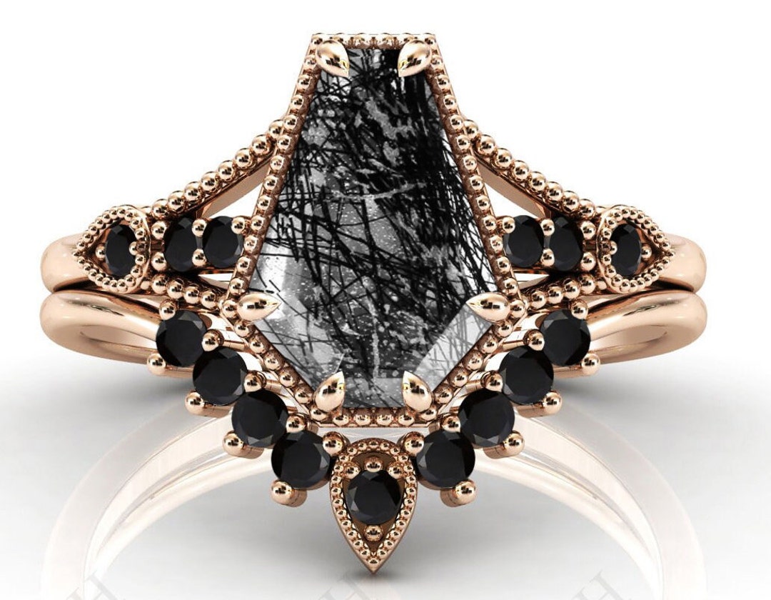 Coffin Shaped Black Rutilated Engagement Ring Set 925 Silver Black ...