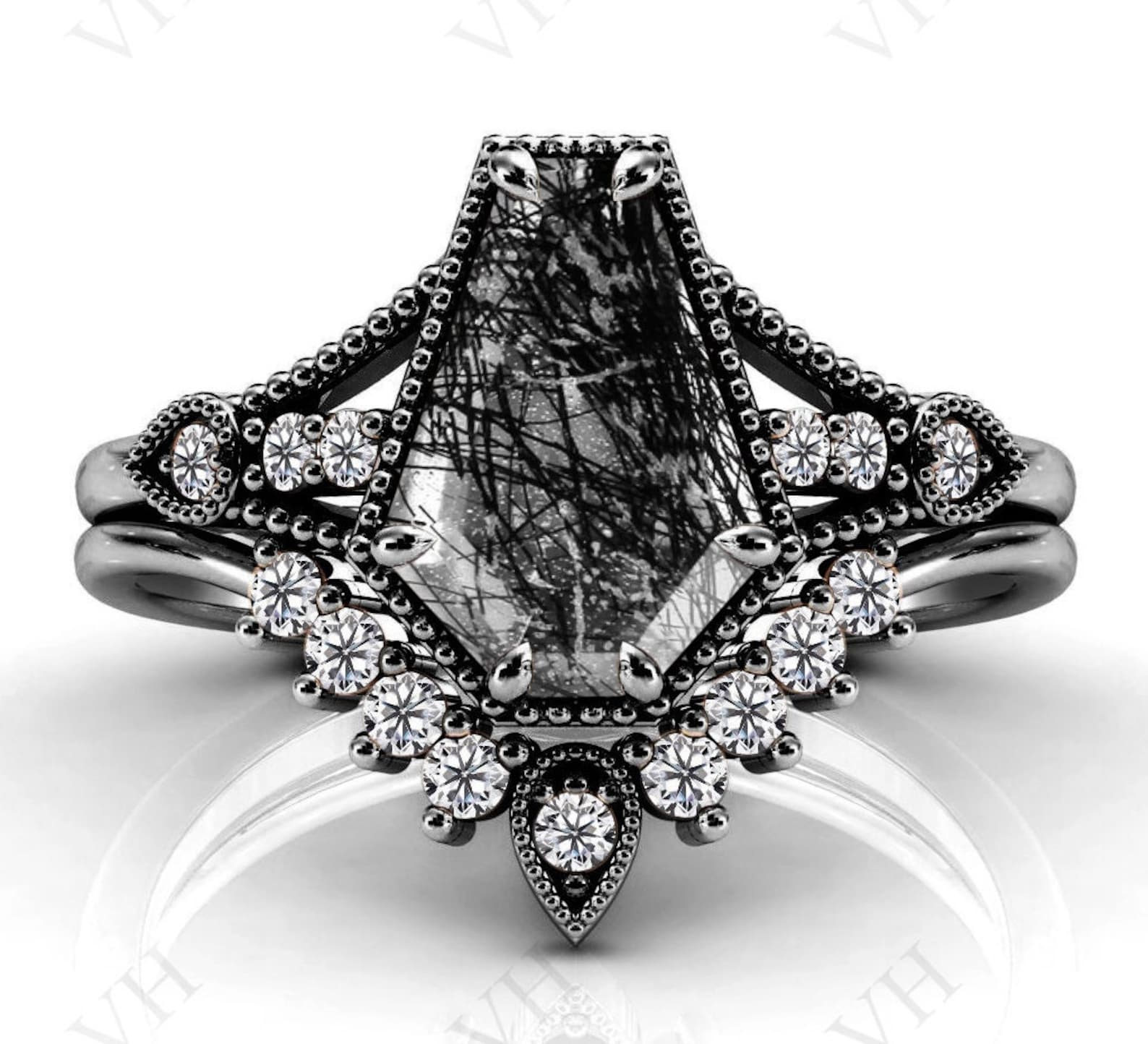 Art Deco Coffin Shaped Black Rutile Engagement Ring Set Vintage Black ...