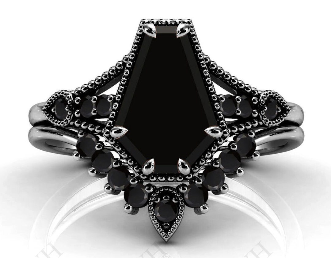 Coffin Shaped Black Onyx Engagement Ring Set Art Deco Black Gemstone Wedding Ring Set 925 Silver ...