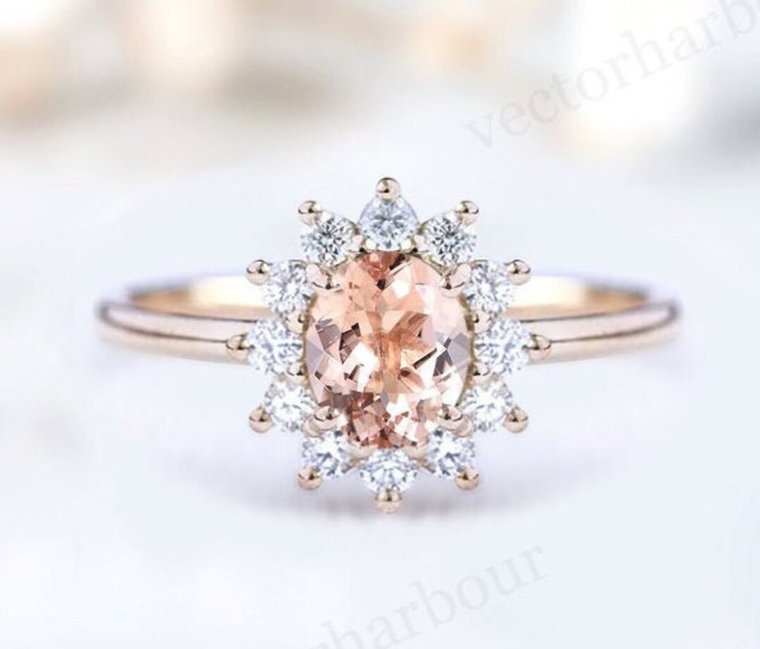 Peach Morganite Engagement Ring for Women Art Deco Halo Wedding Ring ...