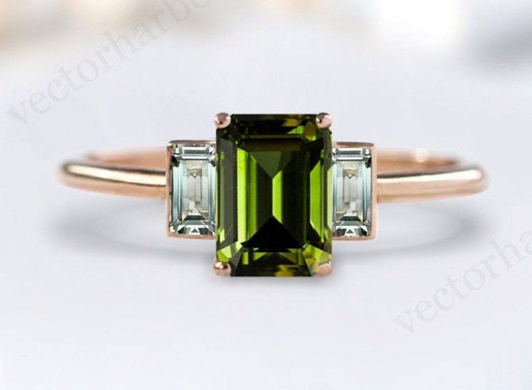 Green Tourmaline Engagement Ring Unique Multi Gemstone Ring Emerald Cut ...