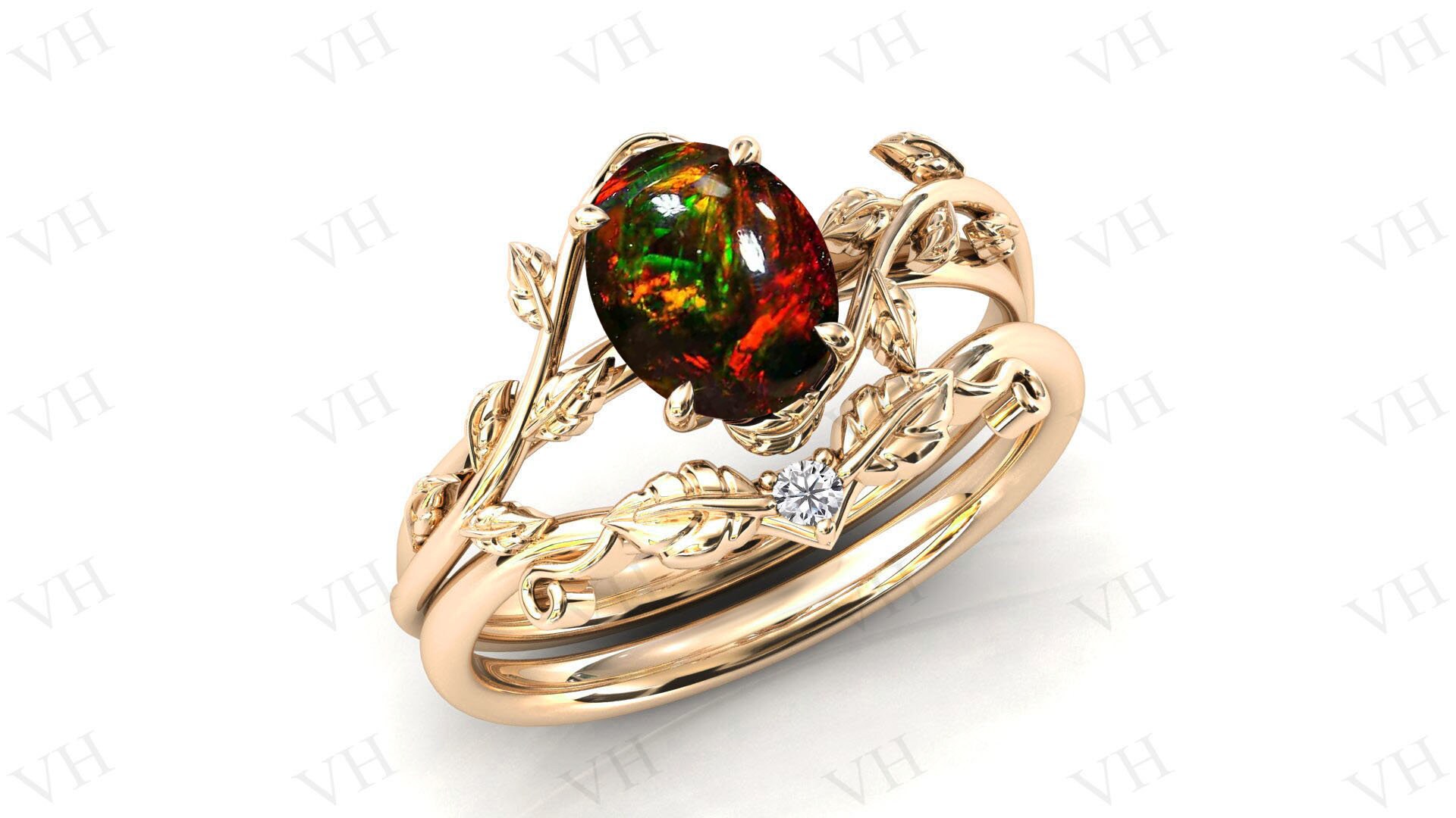 Vintage Black Opal Engagement Ring Set for Women Art Deco Leaf Wedding ...