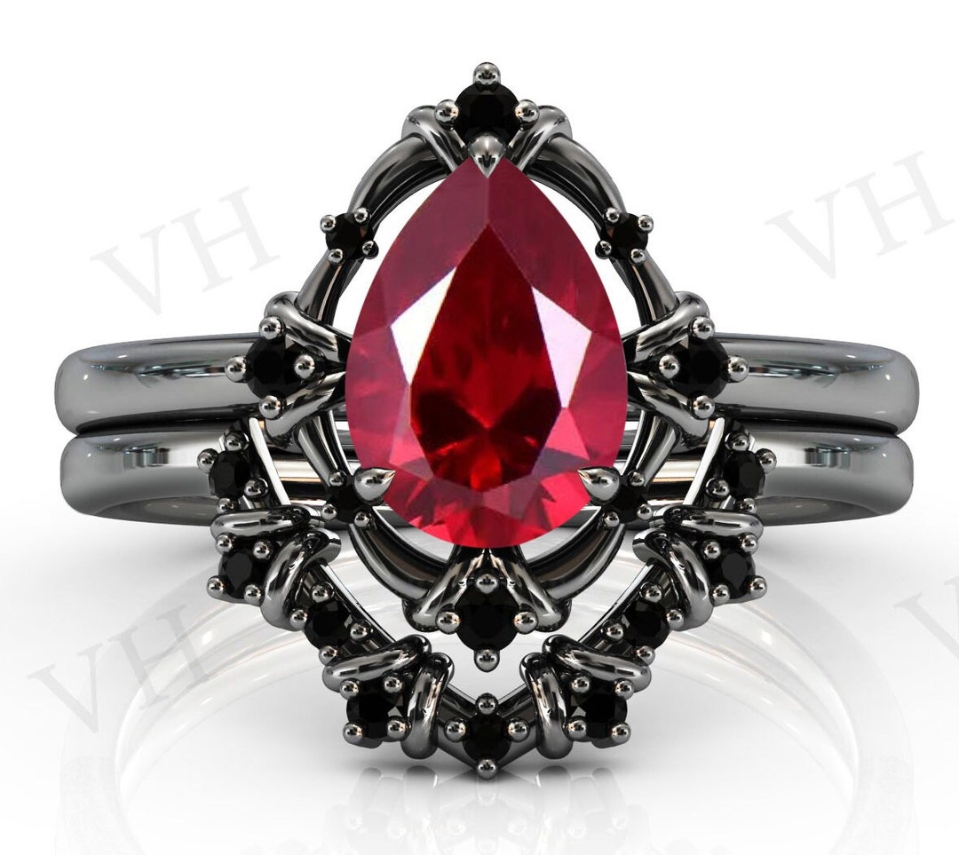 Antique Ruby Engagement Ring Set Art Deco Ruby 2 Pcs Wedding Ring Set ...