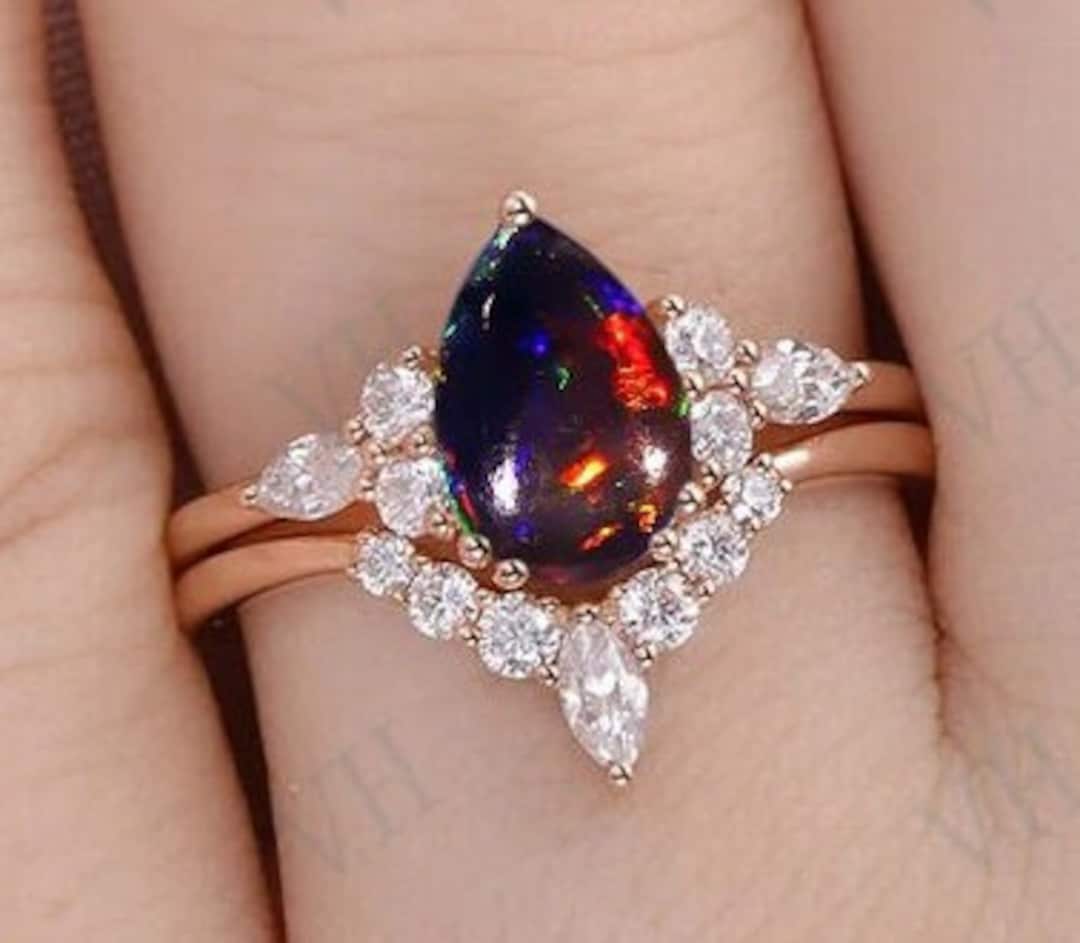 Black Opal Engagement Ring Set for Women Art Deco 2 Piece Wedding Ring ...