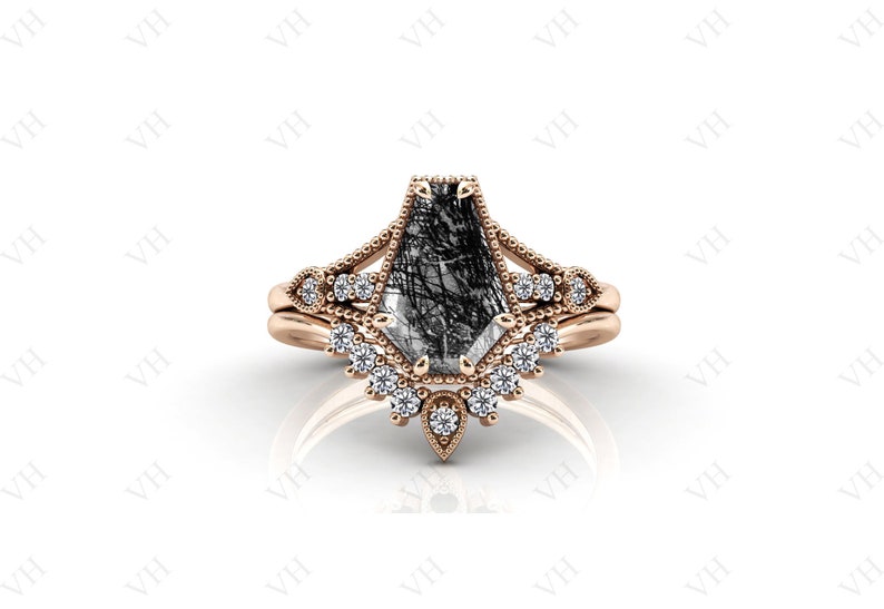 Coffin Shaped Black Rutilated Engagement Ring Set 925 Silver Etsy