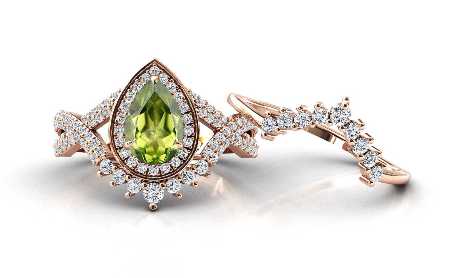 Natural Peridot Engagement Ring Set 14k Gold Peridot Wedding Ring Set ...