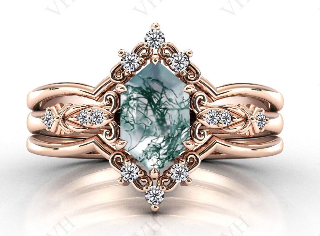 Hexagon Shaped Moss Agate Engagement Ring Set Vintage Moss Agate ...