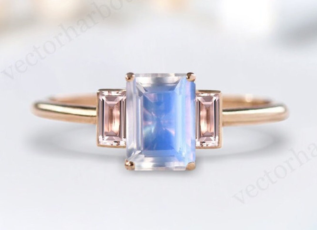 Emerald Cut Moonstone Engagement Ring Art Deco Multi Gemstone Ring 14k ...