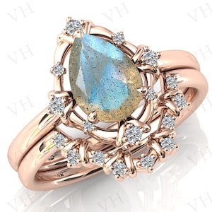 Pear Shaped Labradorite Engagement Ring Set Antique Labradorite Wedding ...