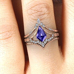 Kite Shaped Tanzanite Engagement Ring Set Art Deco Tanzanite Wedding ...
