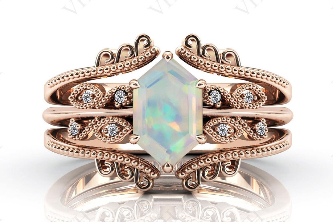 Art Deco Opal Engagement Ring Set Hexagon Shape Wedding Ring - Etsy