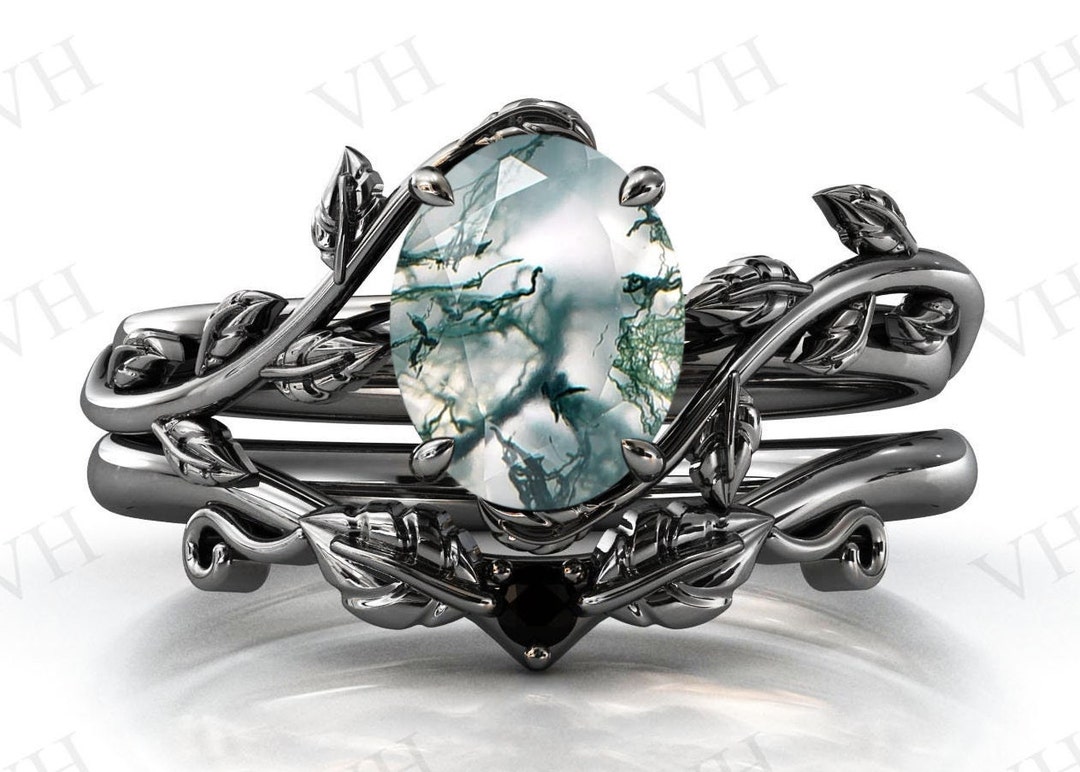 Vine Leaf Style Moss Agate Engagement Ring Set 925 Silver Moss Agate ...