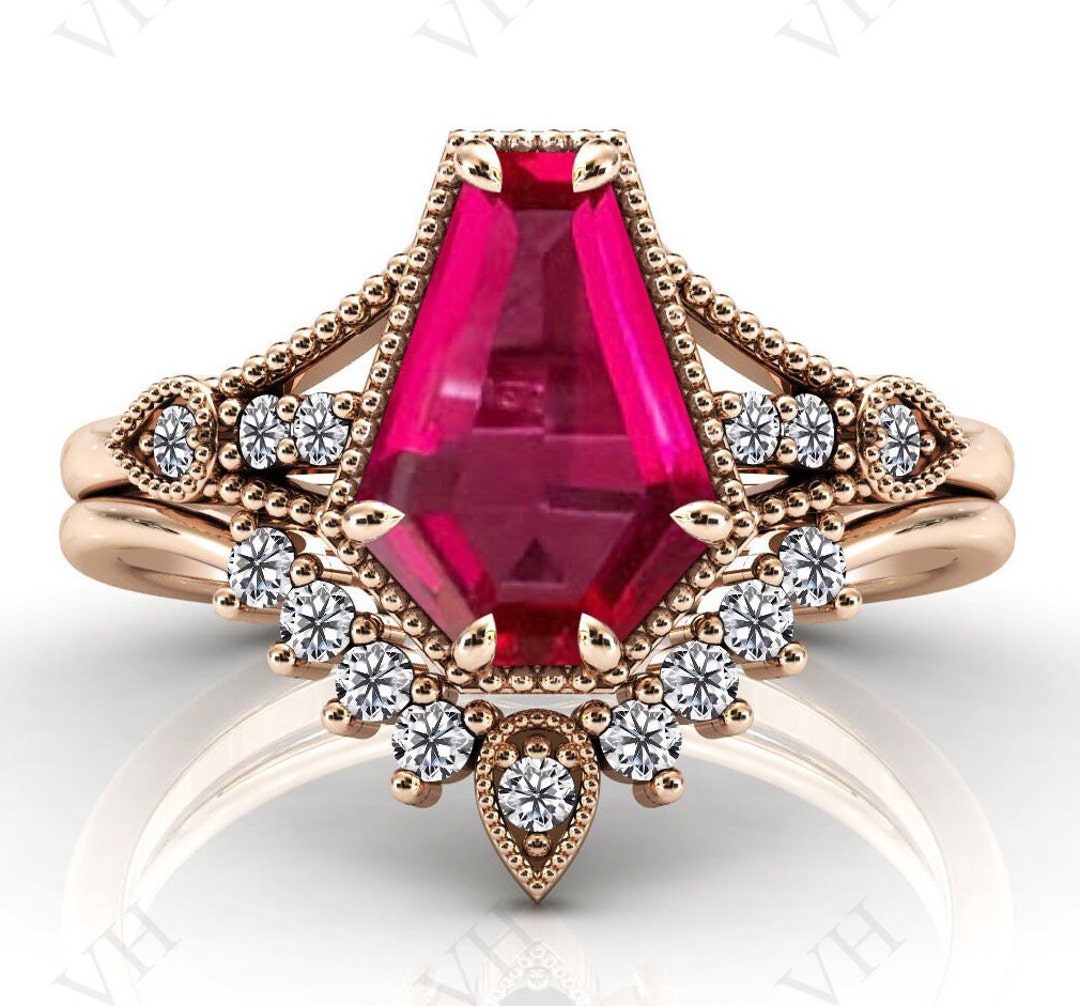 Coffin Shaped Ruby Engagement Ring Set Art Deco Ruby Wedding Ring Set ...
