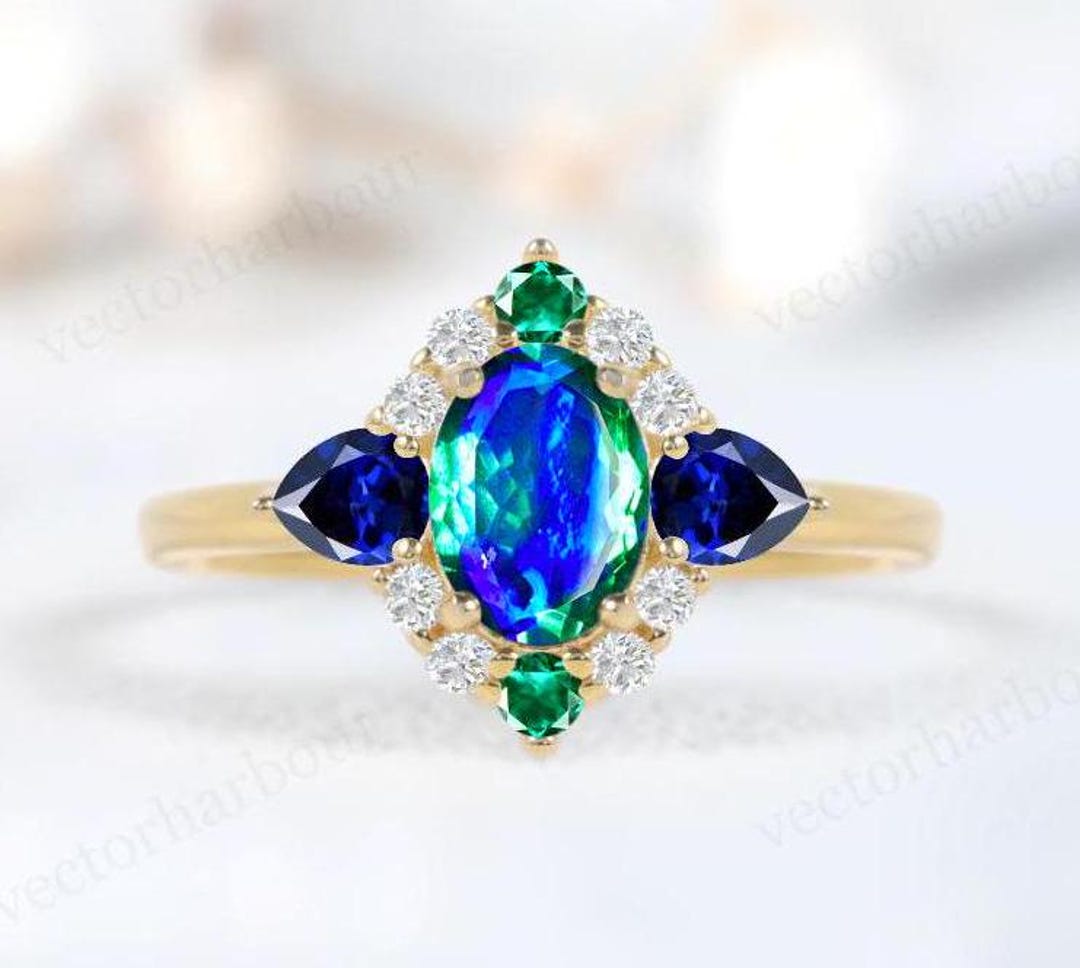 Peacock Quartz Engagement Ring for Women 14k Gold Peacock Quartz ...