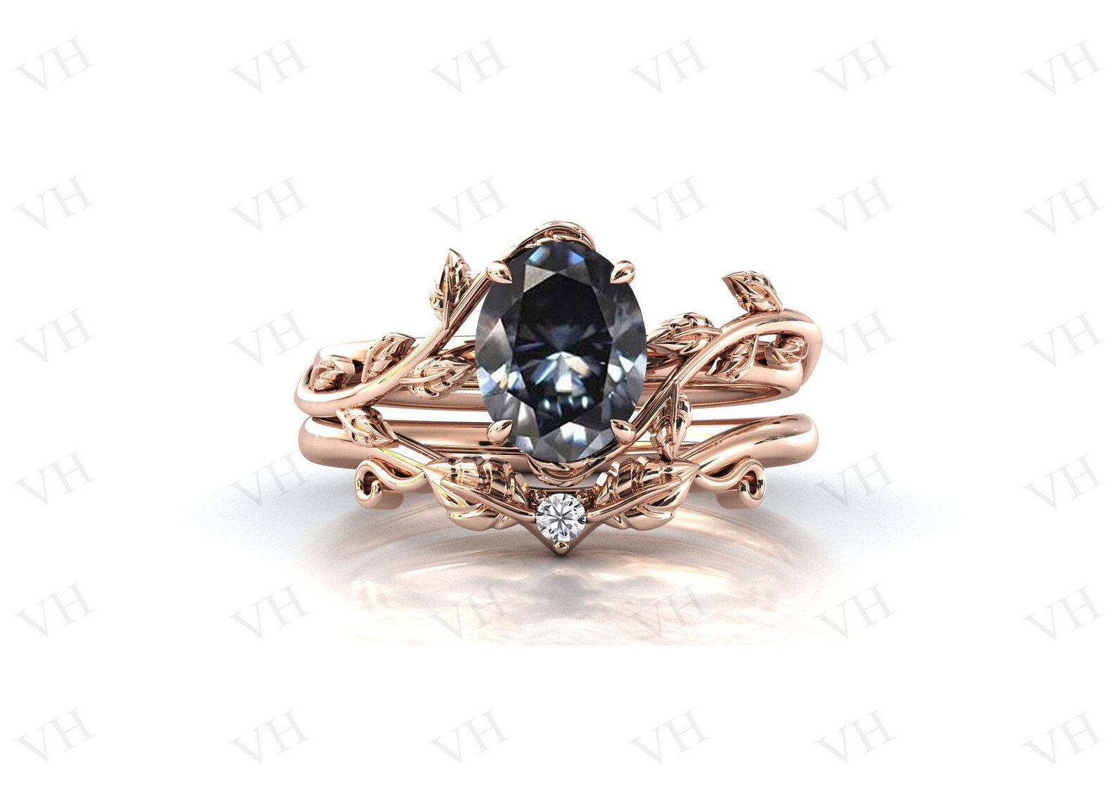 Vine Leaf Design Grey Spinel Engagement Ring Set 925 Silver - Etsy